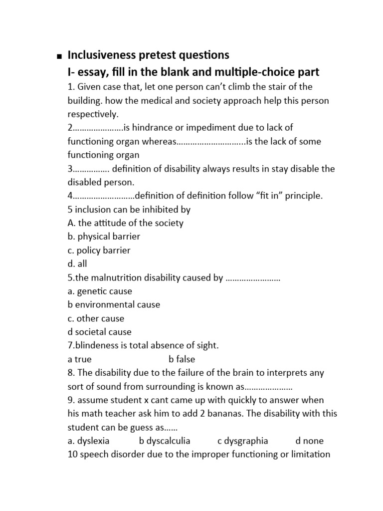 Inclusiveness Pretest Questions Part 1 | PDF | Mental Disorder | Speech