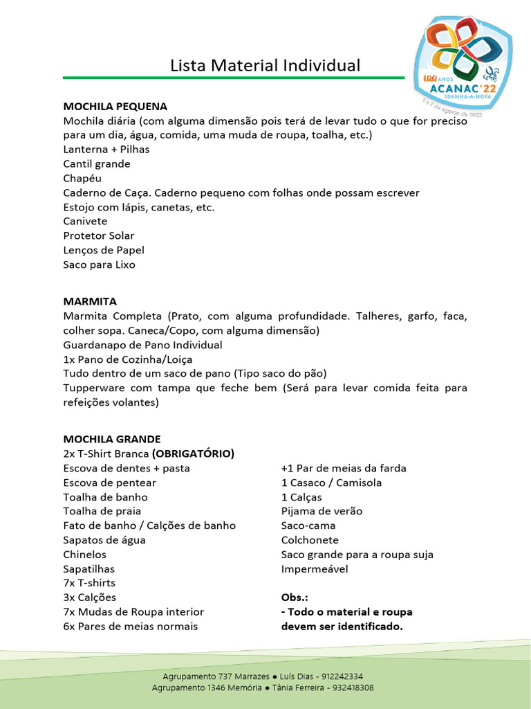 Lista Material ACANAC 2022 | PDF