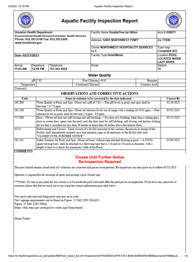 03-09-2023 Aquatic Facility Inspection Report | PDF | Telecommunications | Service Industries