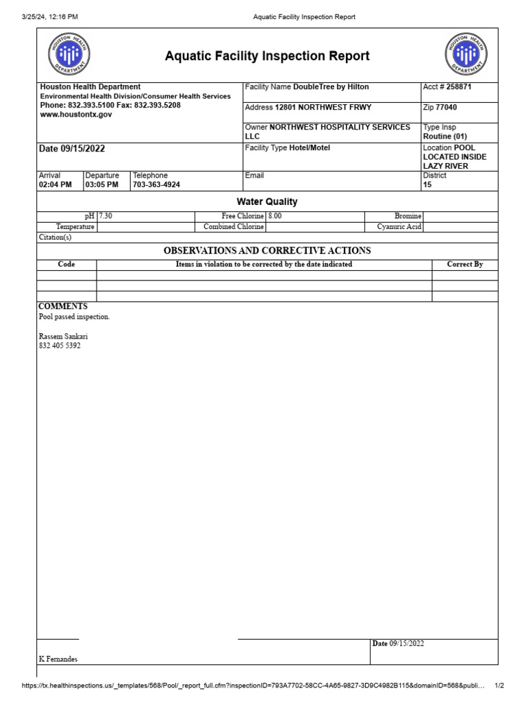 09-15-2022 Aquatic Facility Inspection Report | PDF