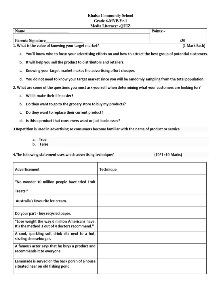 Final Media Literacy Quiz | PDF | Mass Media | Body Image