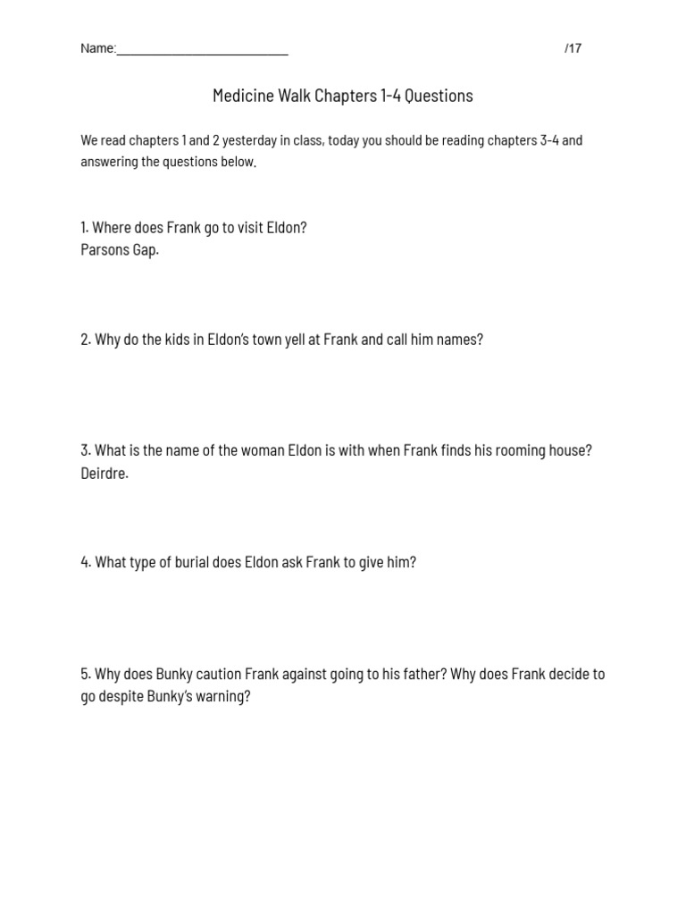 Medicine Walk Chapters 1-4 Questions | PDF