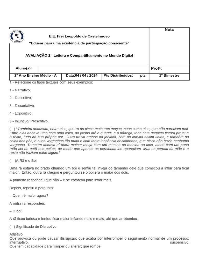 Prova 2 - Leitura e Compartilhamento No Mundo Digital - 2º Ano Do Ensino Médio B e C | PDF ...