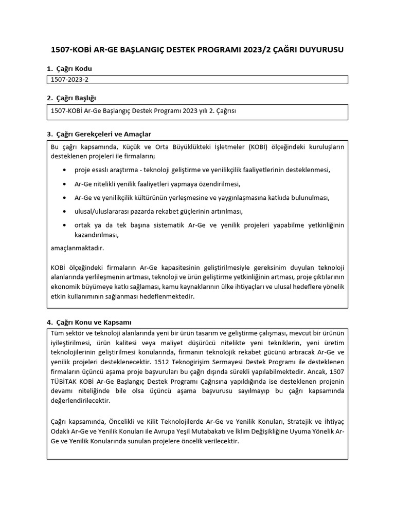 1507 Kobi Ar-Ge Baslangic Destek Programlari 2023-2. Proje Cagri Metni v2 | PDF