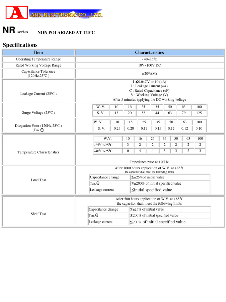Ark (Radial Thru-Hole) NR Series | PDF | Capacitor | Capacitance