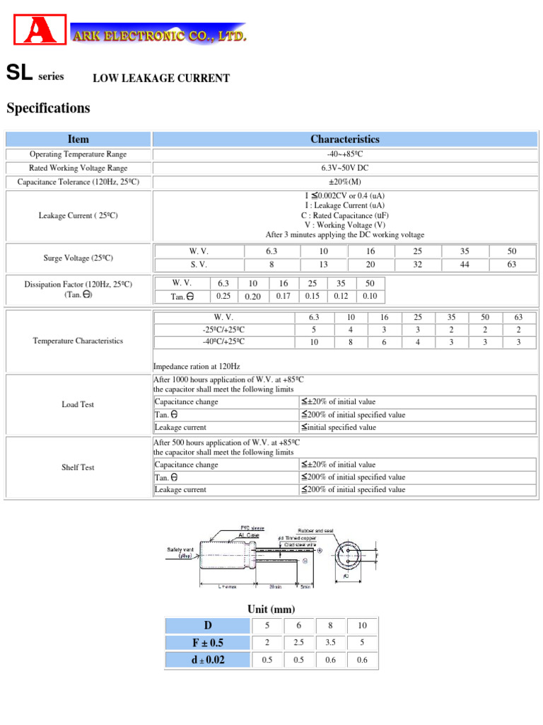 Ark (Radial Thru-Hole) SL Series | PDF | Capacitor | Voltage