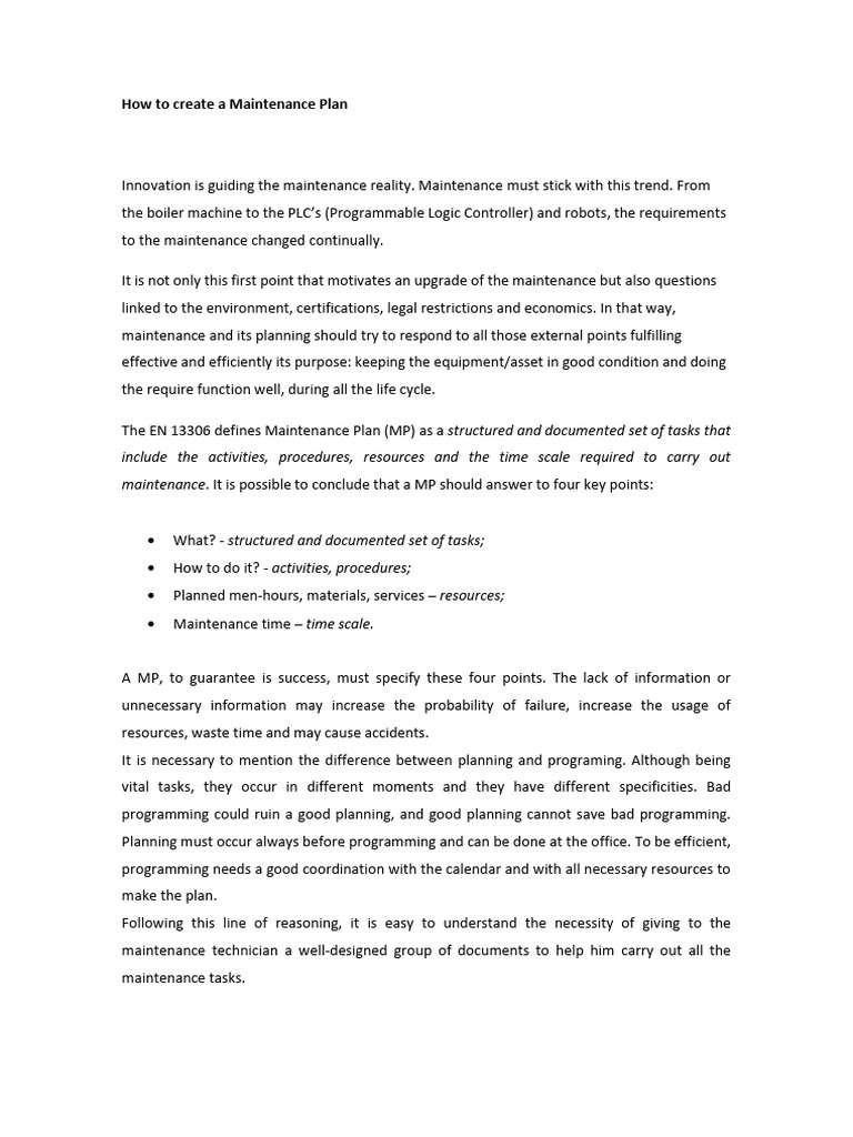 How To Create A Maintenance Plan | PDF | Information | Time