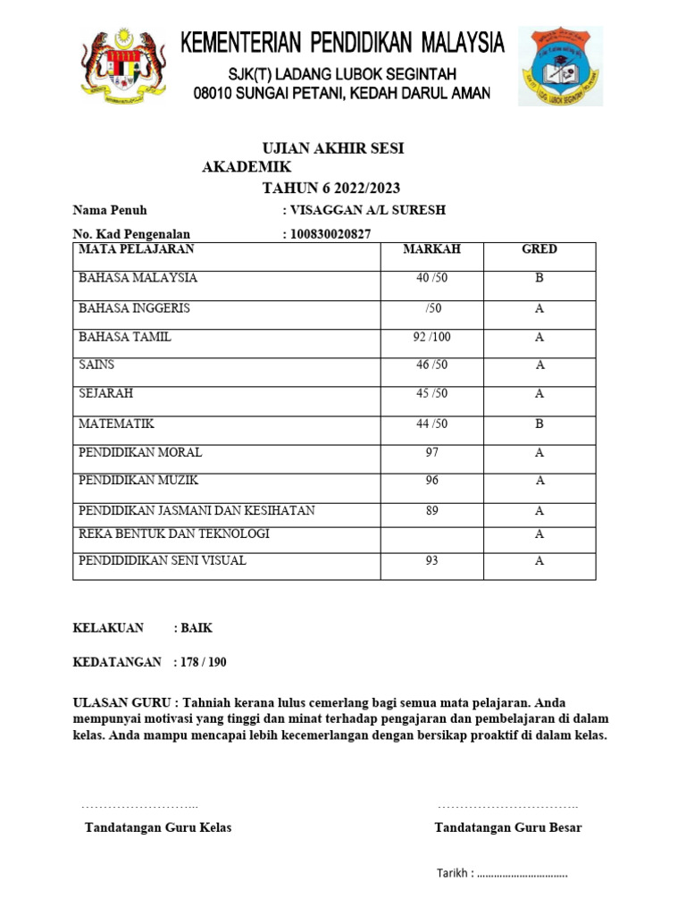 pelaporan murid tahun 6 | PDF