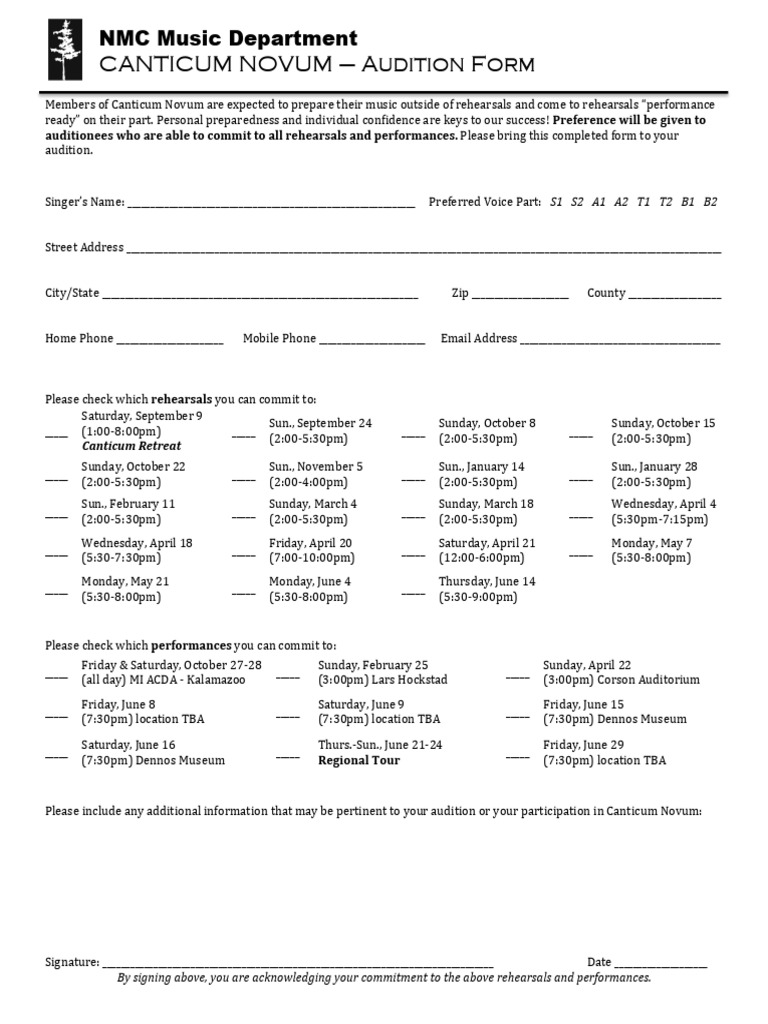 Canticum Novum Audition Form | PDF | Audition | Music Performance