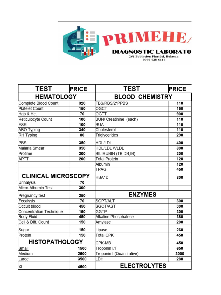Comprehensive Medical Test Price List | PDF | Clinical Medicine ...
