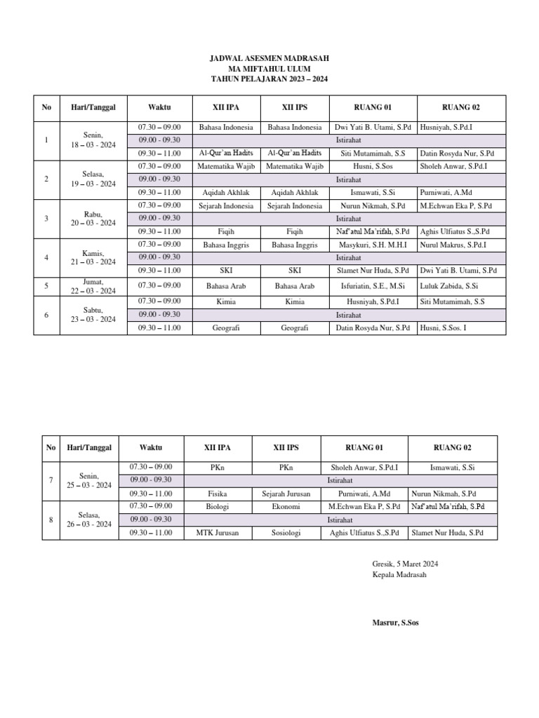 Jadwal Asesmen MTS 2024 | PDF