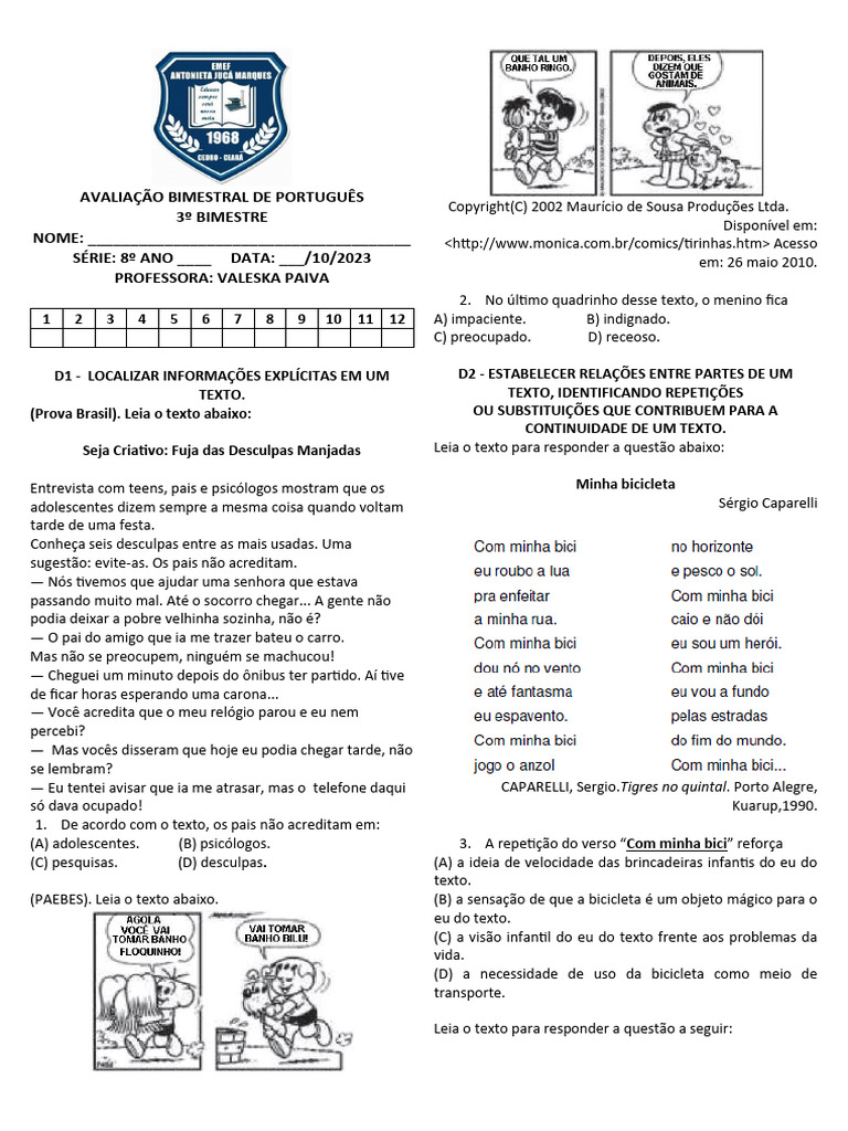 Aval. Português 3 Bim | PDF