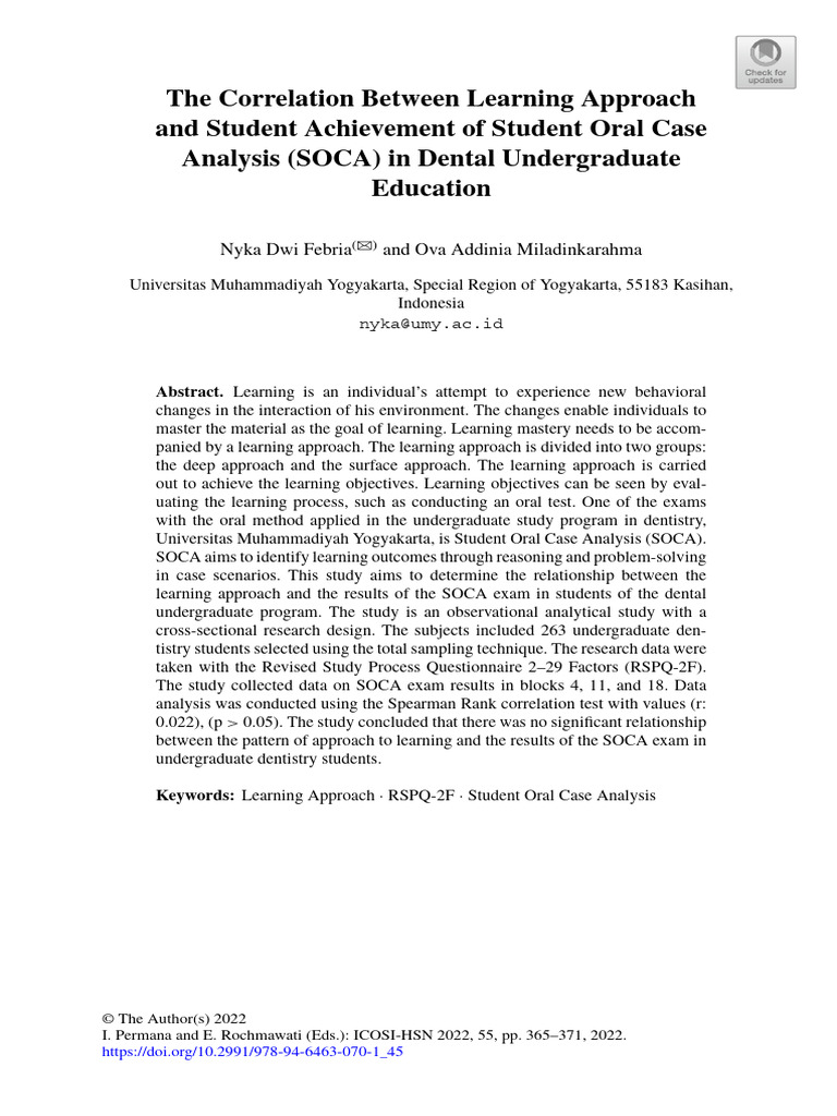 The Correlation Between Learning Approach and Student Achievement of Student Oral Case Analysis ...