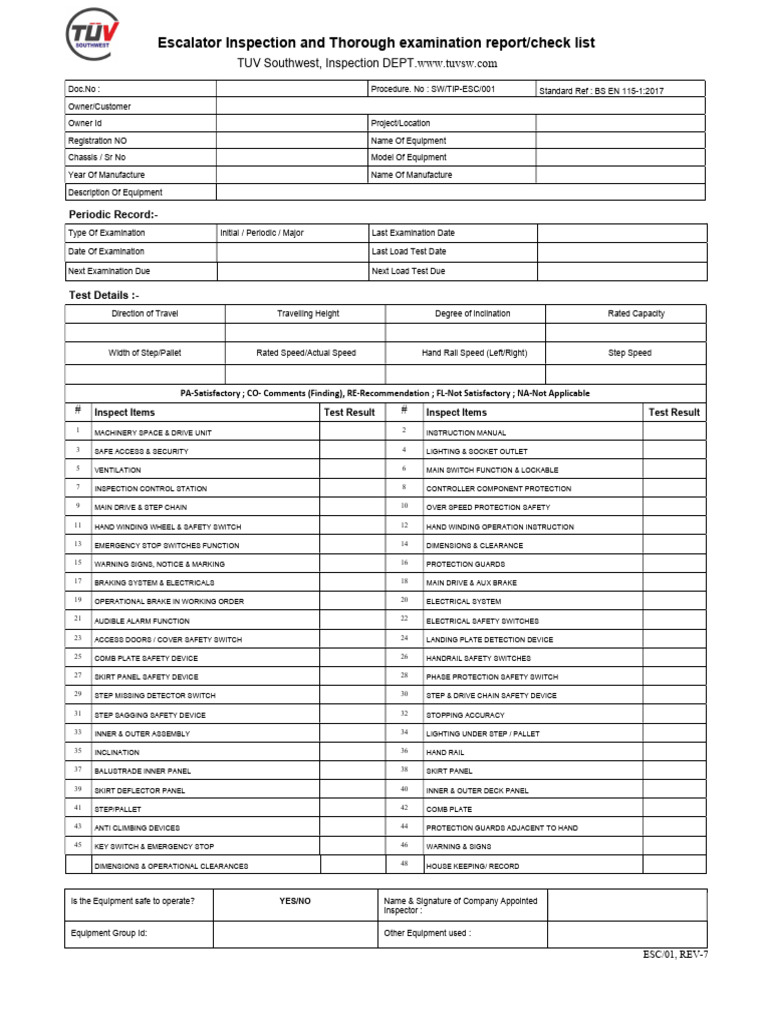 ESCALATOR CHECKLIST | PDF | Escalator | Vehicles
