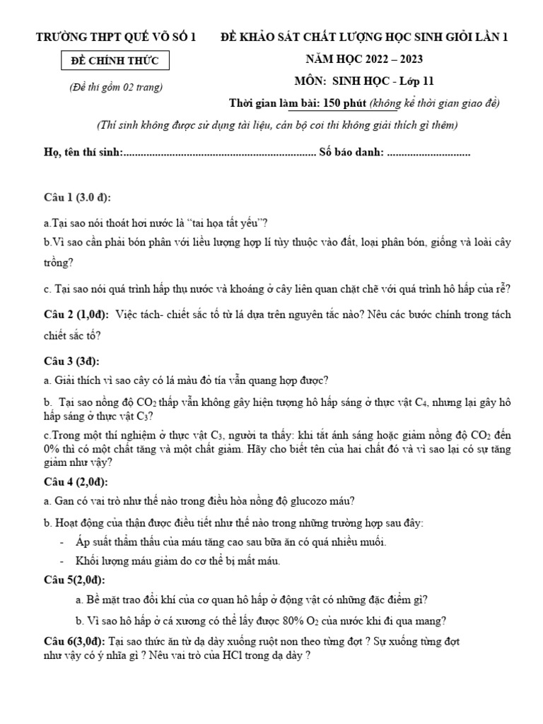 De Thi HSG Sinh Hoc 11 Lan 1 Nam 2022 2023 Truong THPT Que Vo 1 Bac Ninh | PDF