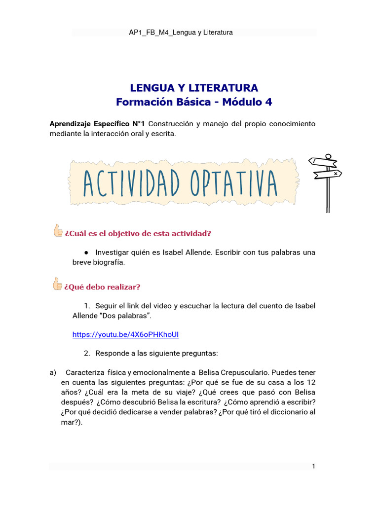 AP1 FB M4 Lengua y Literatura Actividad Optativa | PDF | Aprendizaje ...