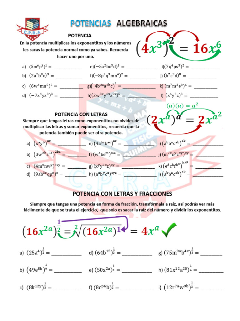 Ejercicios de Potencias Algebraicas | PDF | Métodos y materiales de ...