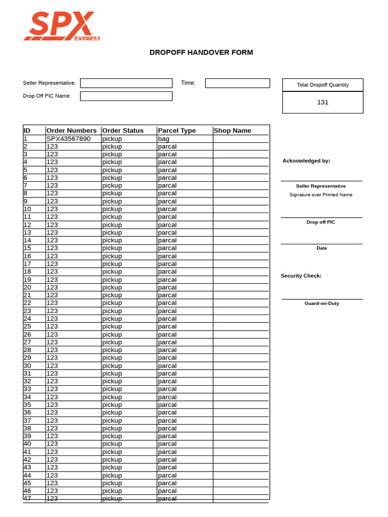 Dropoff Handover Form: ID Order Numbers Order Status Parcel Type Shop ...
