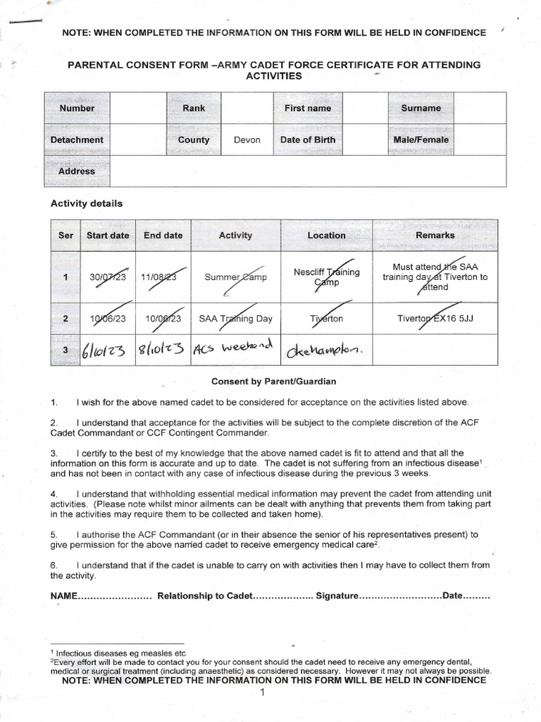 Parental Consent Form - Army Cadet Force Certificate For Attending ...