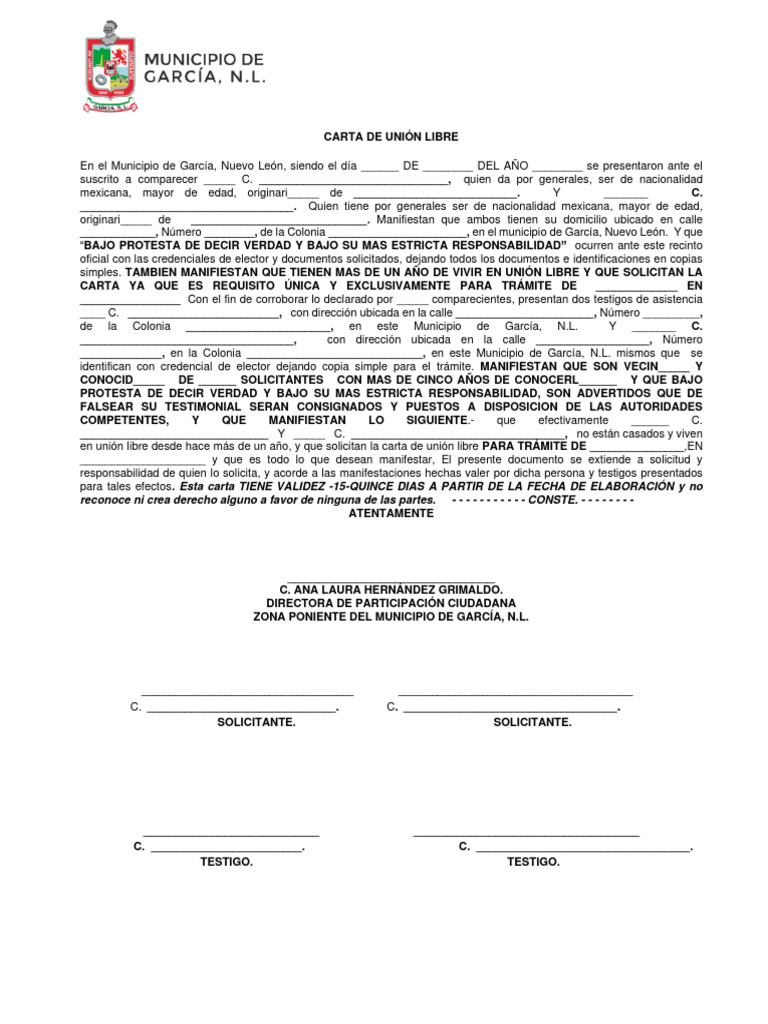 CARTA DE UNION LIBRE Formato Actualizado ZONA PONIENTE 2023 | PDF ...