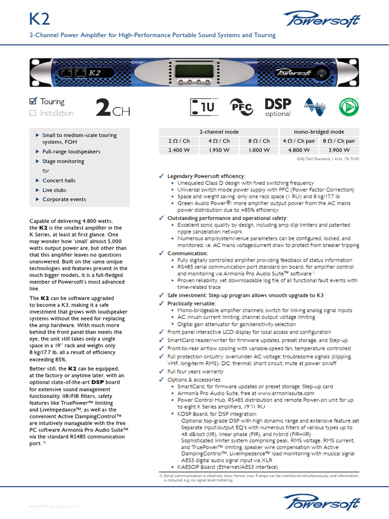 Powersoft k2 Data en v2.5 | PDF | Amplifier | Decibel