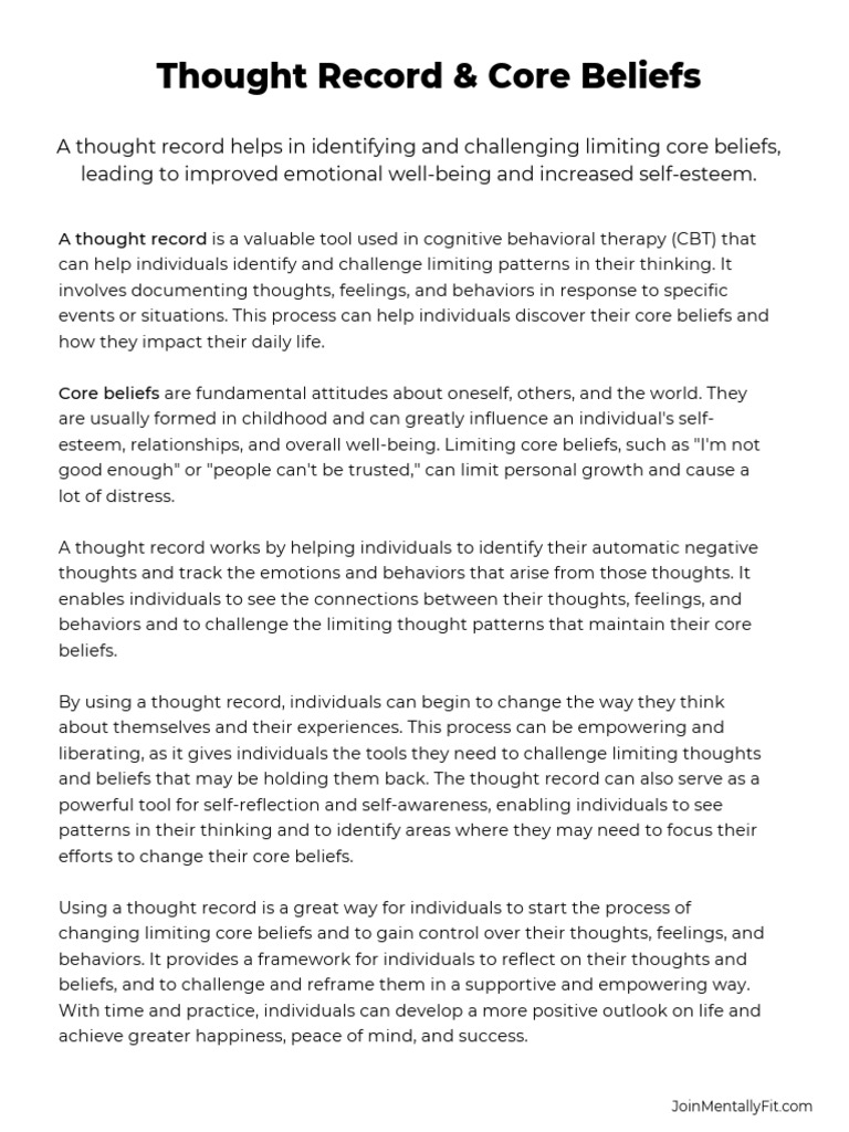 Thought Record & Core Beliefs Worksheet | PDF | Thought | Self Esteem