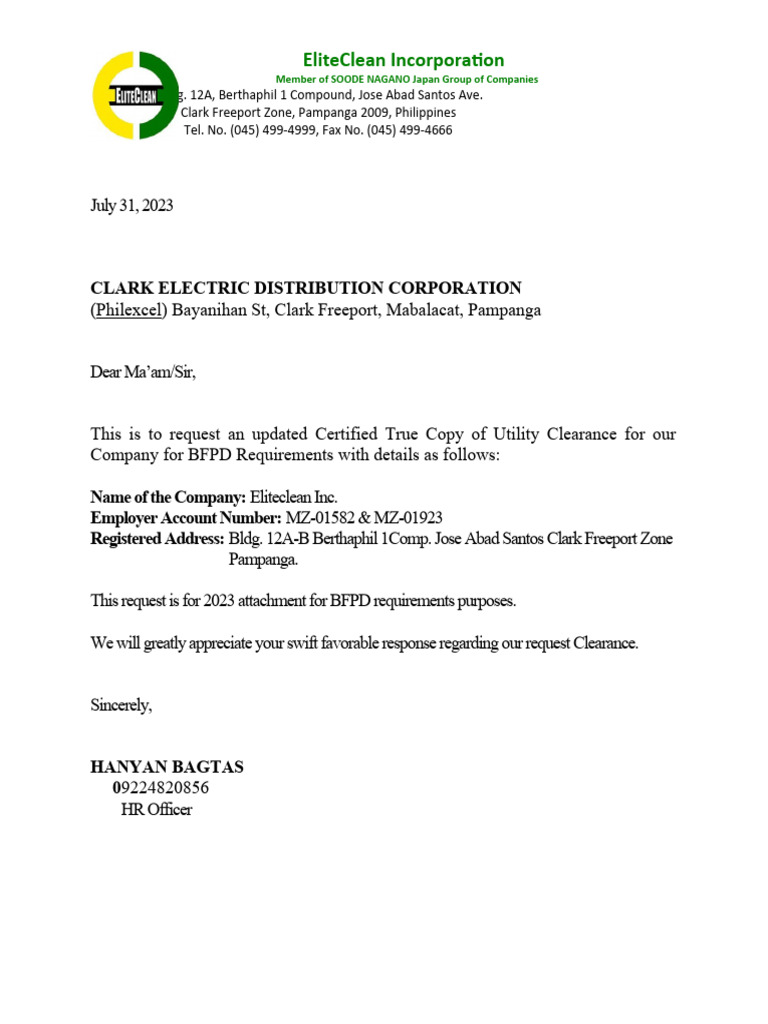 Request Letter For Clark Electric Distrubion Corporation Clearance ...
