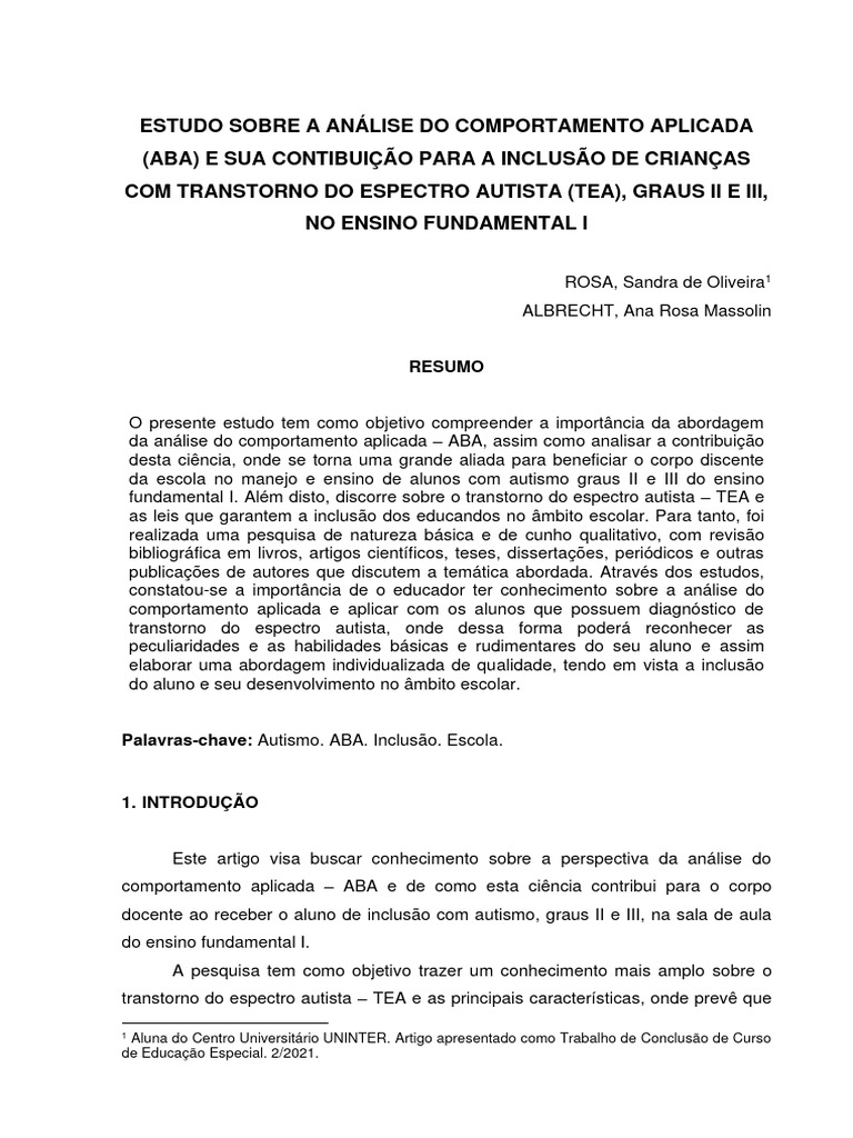 Estudo Sobre A Análise Do Comportamento Aplicada (ABA) e Sua ... Estudo Sobre A Análise Do Comportamento Aplicada (ABA) e Sua ...
