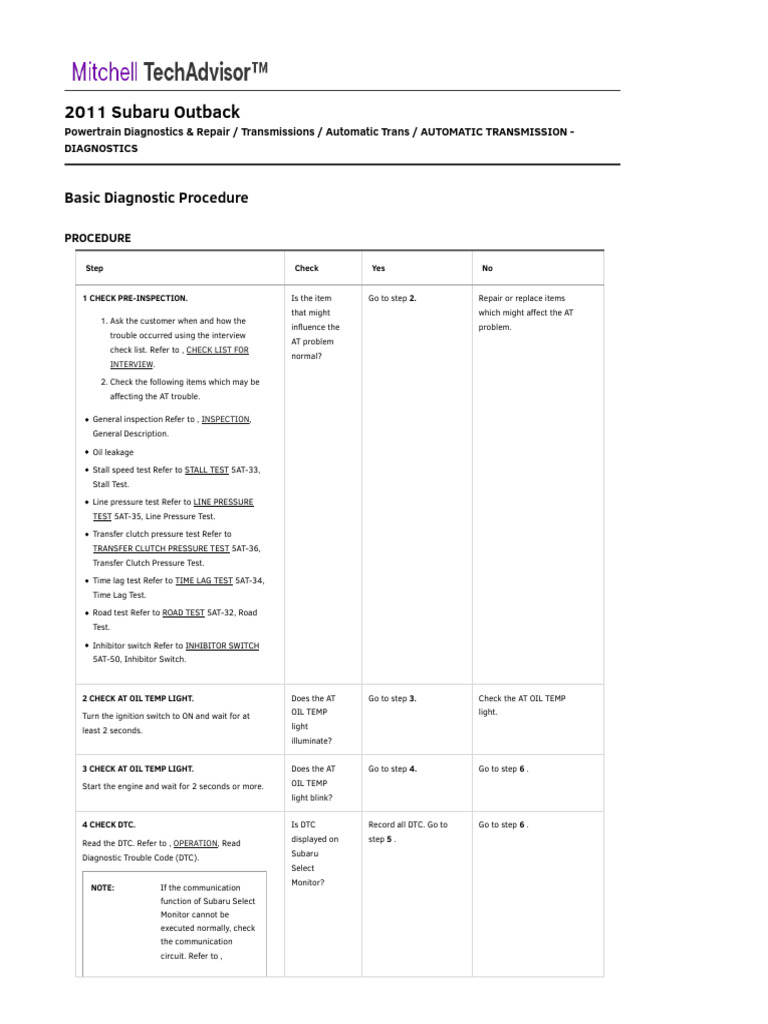 Subaru Outback 2011 AT Diagnostics Guide | PDF | Medical Diagnosis | Electrical Connector