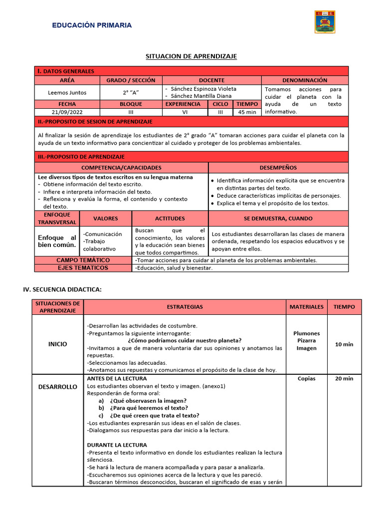 Miercoles-Situacion de Aprendizaje-Leemos Juntos. | Descargar gratis PDF | Aprendizaje | Evaluación