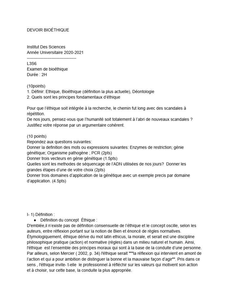 Définition de la bioéthique et enjeux | PDF | Séquençage de l'ADN ...