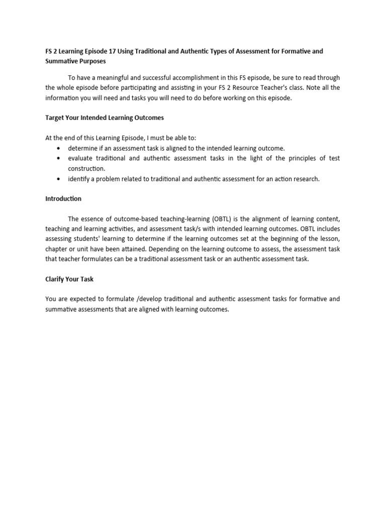 FS 2 Learning Episode 17 Using Traditional and Authentic Types of Assessment For Formative and ...