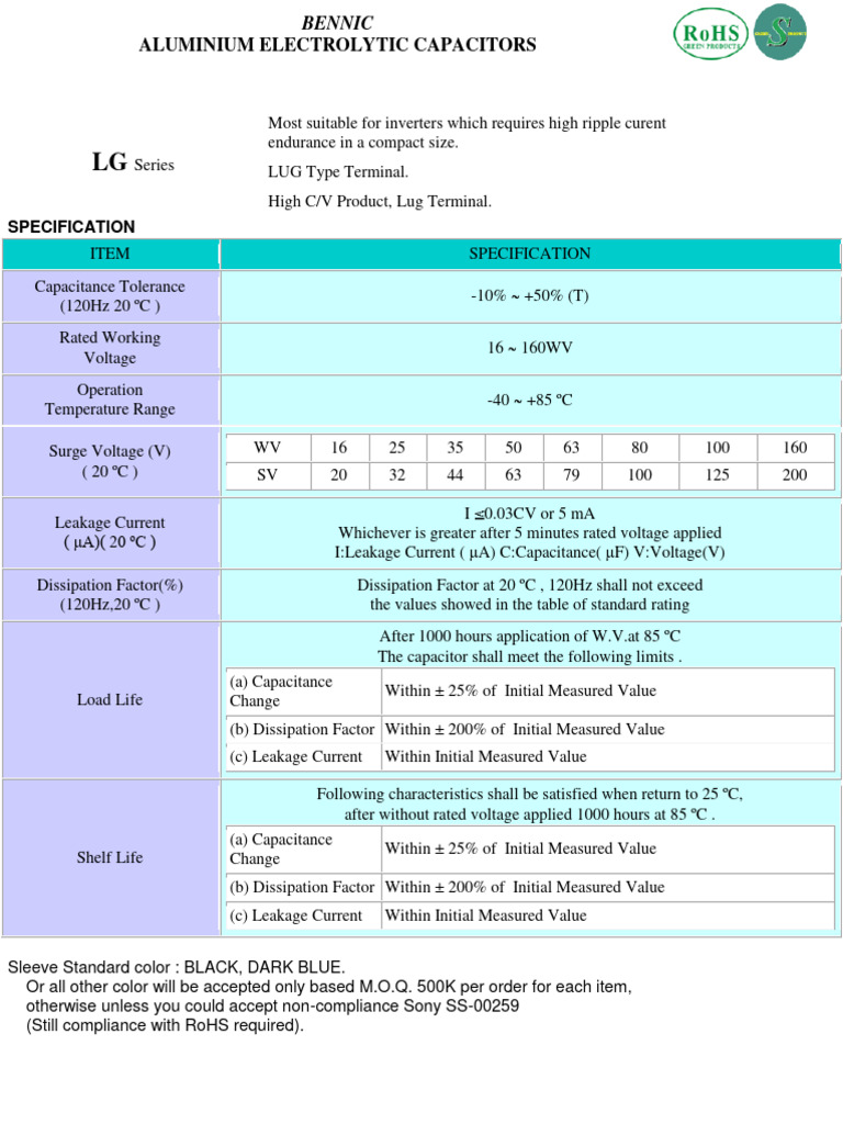Bennic (Lug-Terminal) LG Series | PDF | Capacitor | Physical Quantities