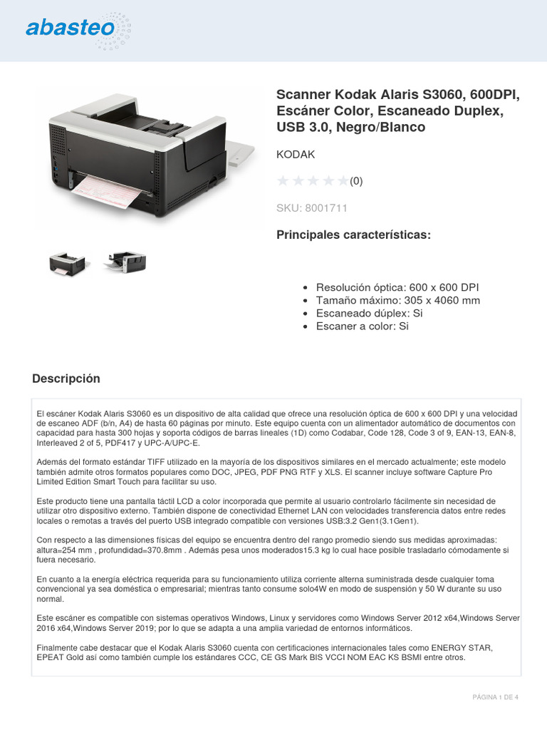 Escáner Kodak Alaris S3060 600 DPI | PDF | Escáner de imagen ...