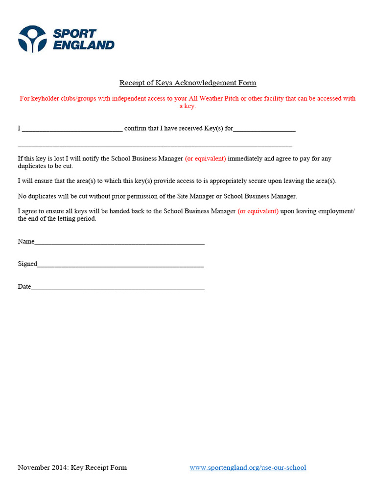 Key Receipt Form | PDF