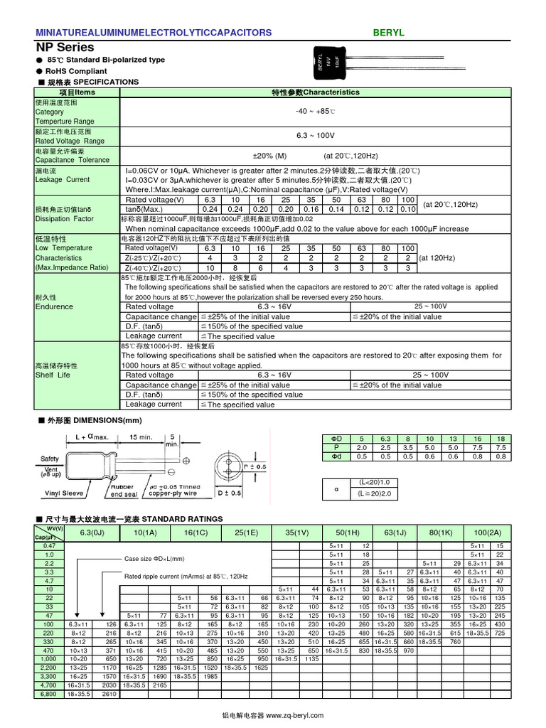 Beryl (Non-Polar Thru-Hole) NP Series | PDF | Capacitance | Capacitor