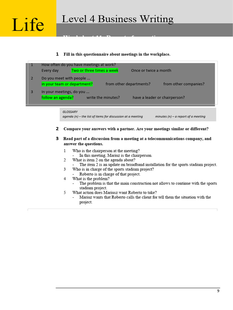Level 4 Business Writing: Worksheet 11: Report of A Meeting | PDF ...