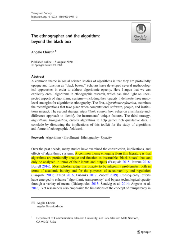Ethnographic Approaches to Algorithmic Opacity | PDF | Ethnography ...