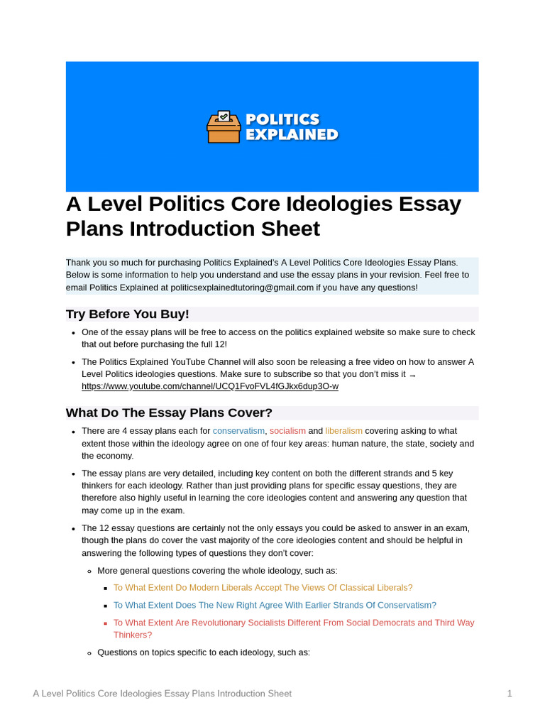 A Level Politics Core Ideologies Essay Plans Introduction Sheet | PDF ...