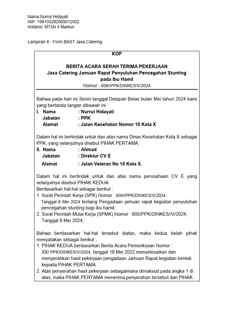 Nurrul Hidayati-Lampiran 8 - Form BAST Jasa Catering | PDF
