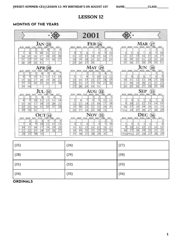 Months, Ordinals & Dates Lesson | PDF