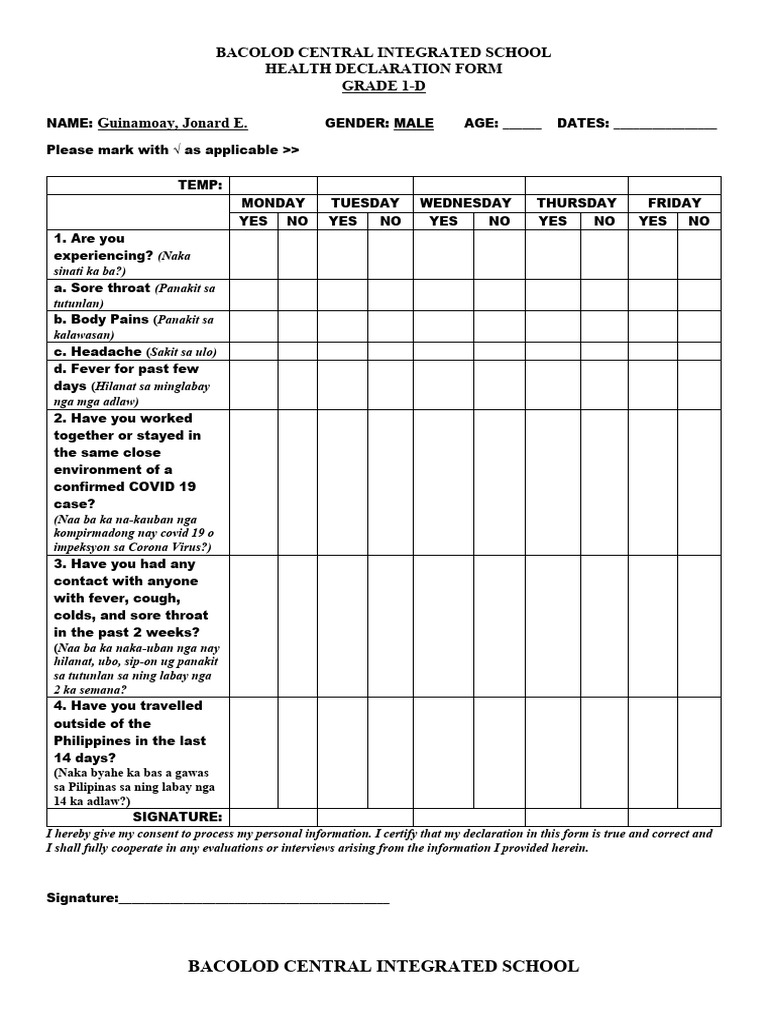GRADE-1-HEALTH-DECLARATION-FORM - Copy | PDF