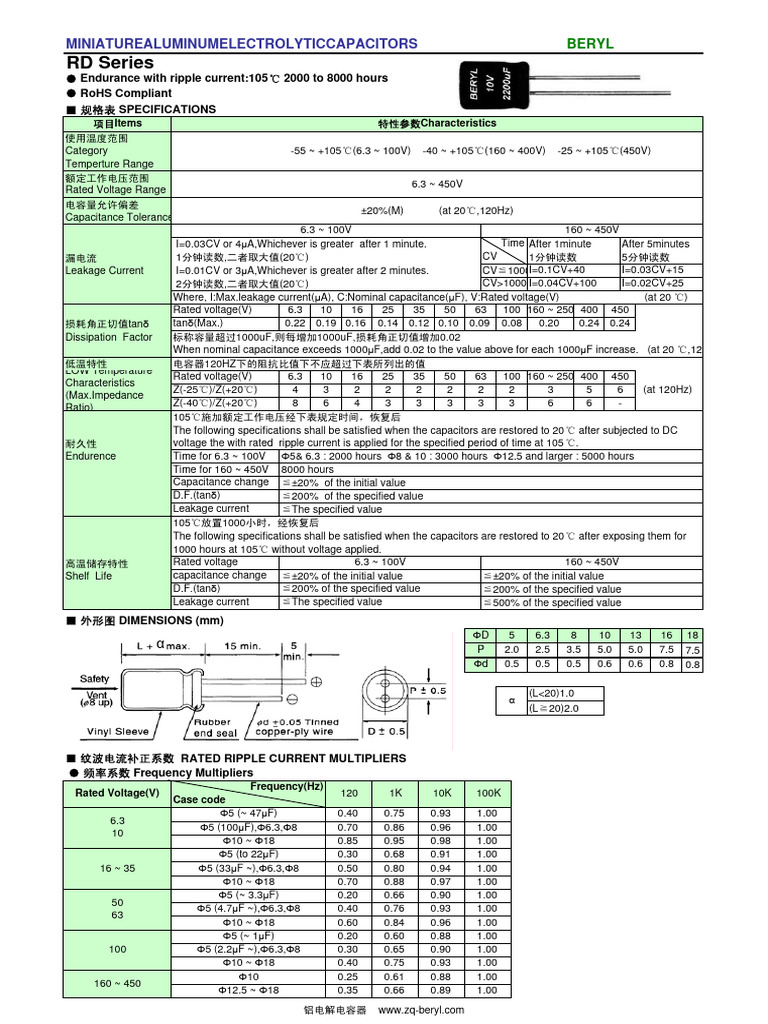 Beryl [radial thru-hole] RD Series | PDF | Capacitor | Physical Quantities
