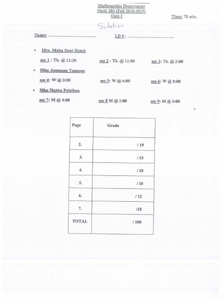 Math 203 Fall 2018 Q1 Ver1 Solution | PDF
