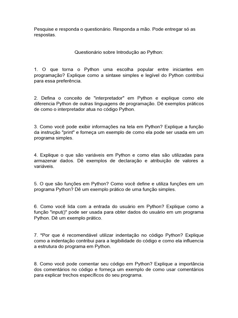Questionario Introducao Ao Python | PDF | Negócios Questionario Introducao Ao Python | PDF | Negócios