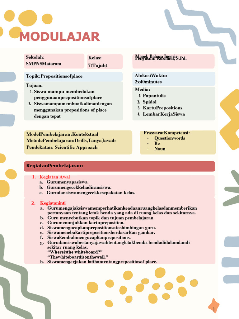 Modul Ajar Dan Asesmen Prepositions of Place | PDF