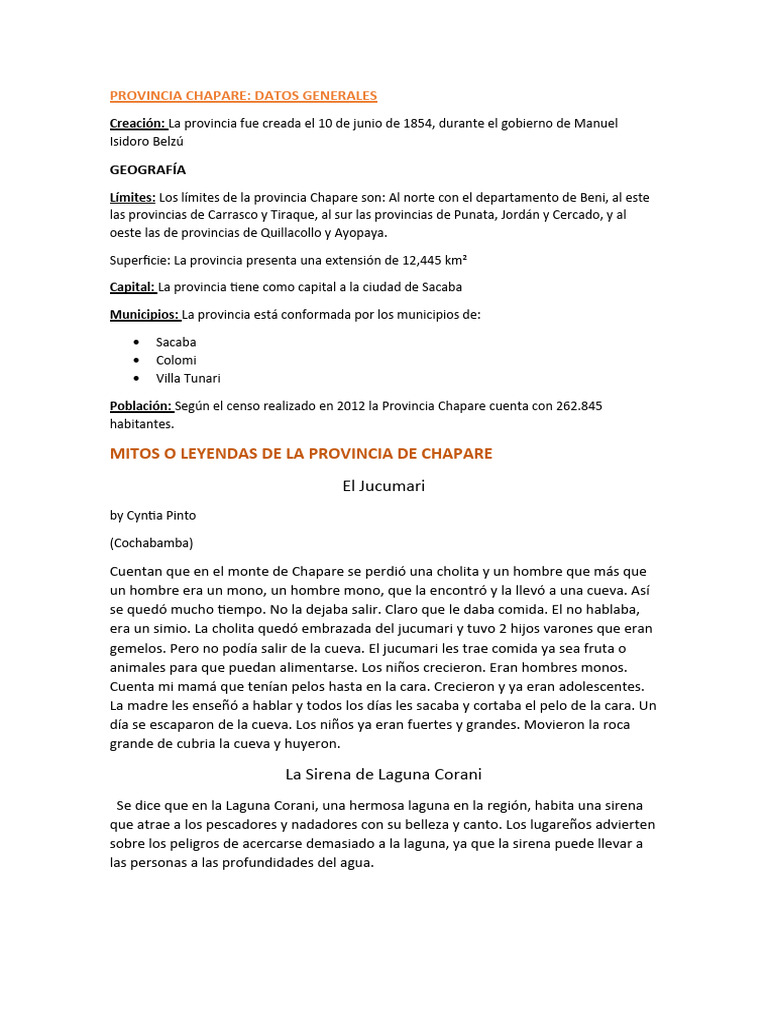 Historia y datos de la provincia Chapare | PDF | Ciencias sociales