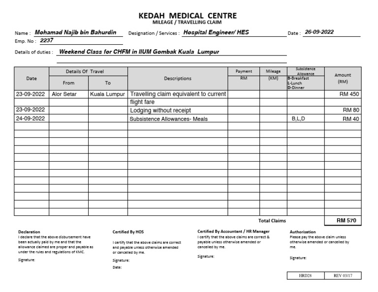 20220924 HRD 28 (REV 03-17) Mileage Claim Form | PDF