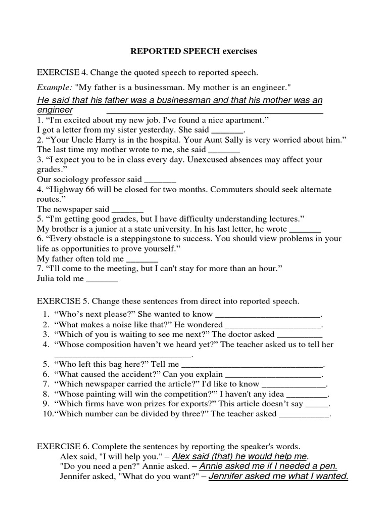 Week 4 Reported Speech Exercises | PDF