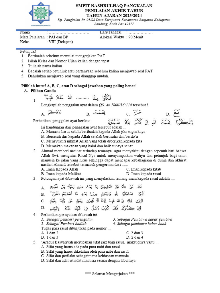 soal PAT kelas 8 2023 pai | PDF